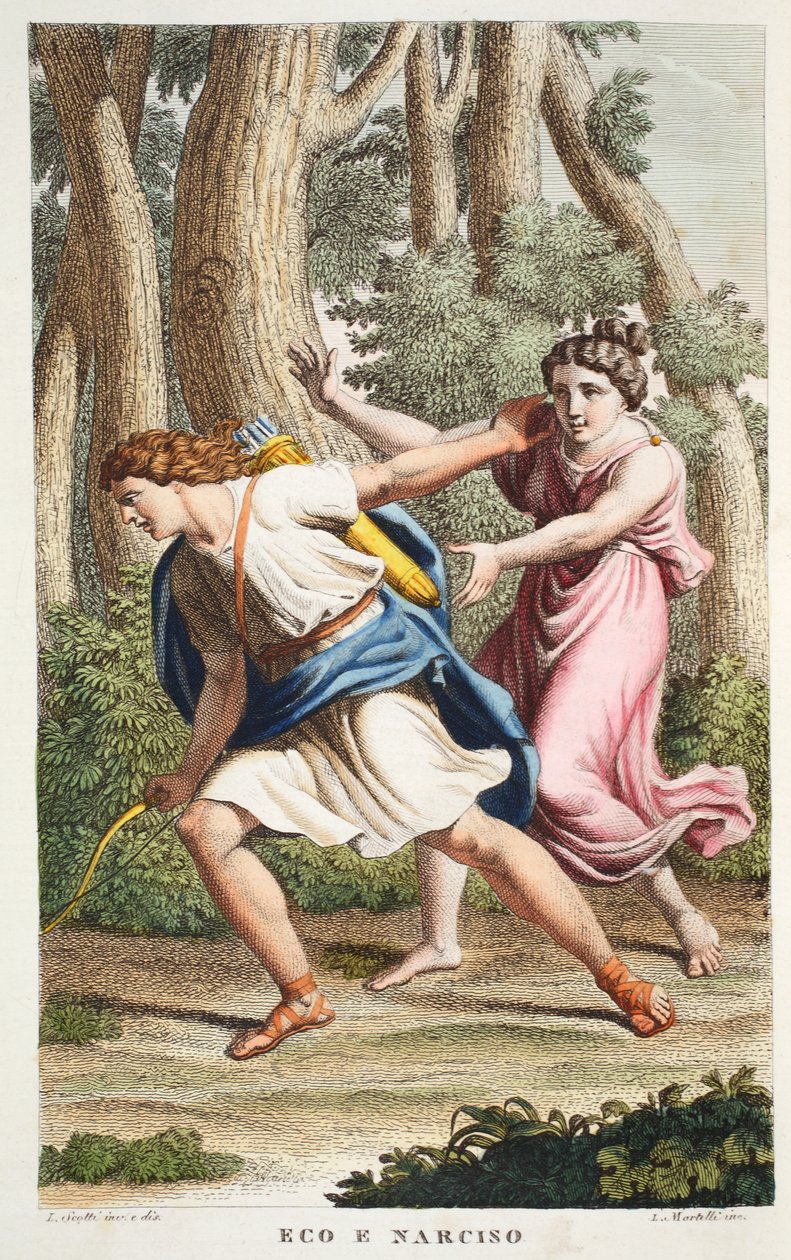 Eco e Narciso, Libro III, illustrazione dalle Metamorfosi di Ovidio, Firenze, 1832